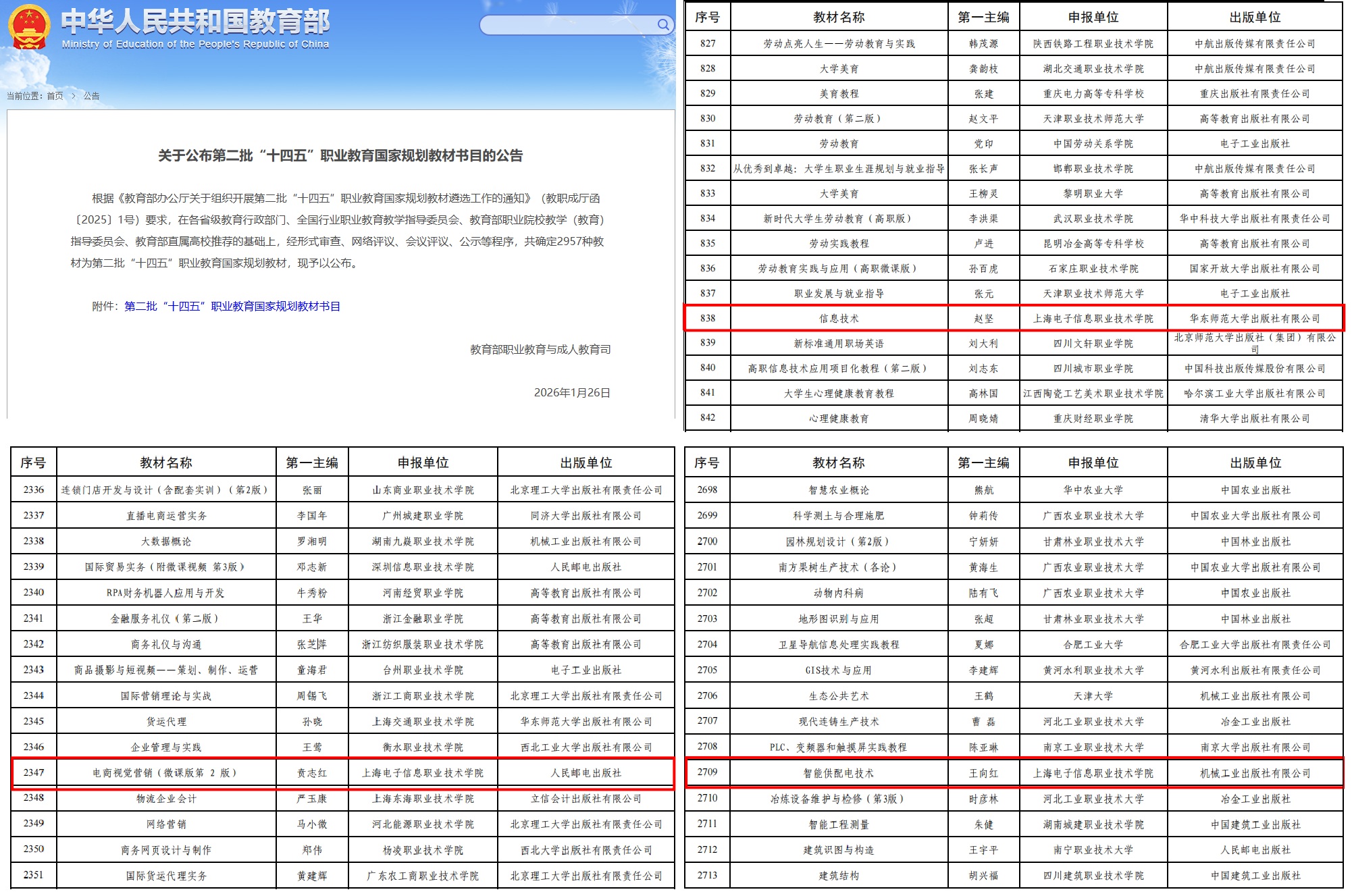 我校三本教材成功入选教育部第二批“十四五”职业教育国家规划教材